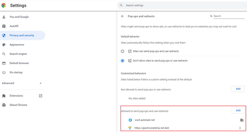 Troubleshooting Chrome browser pop-up windows in Autotask